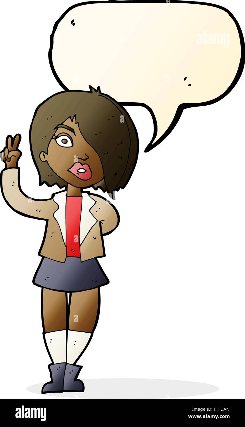 cartoon cool girl giving peace sign with speech bubble Stock Vector ...