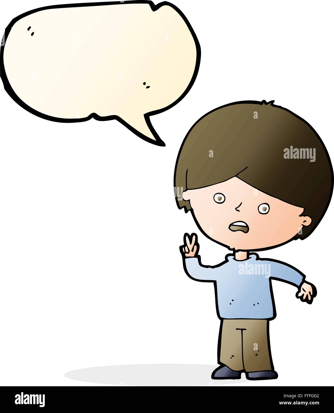 cartoon unhappy boy giving peace sign with speech bubble Stock Vector ...