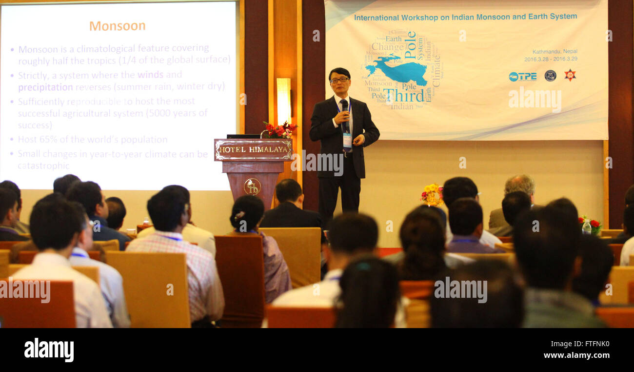 Kathmandu, Nepal. 28th Mar, 2016. A scientist shares his presentation ...
