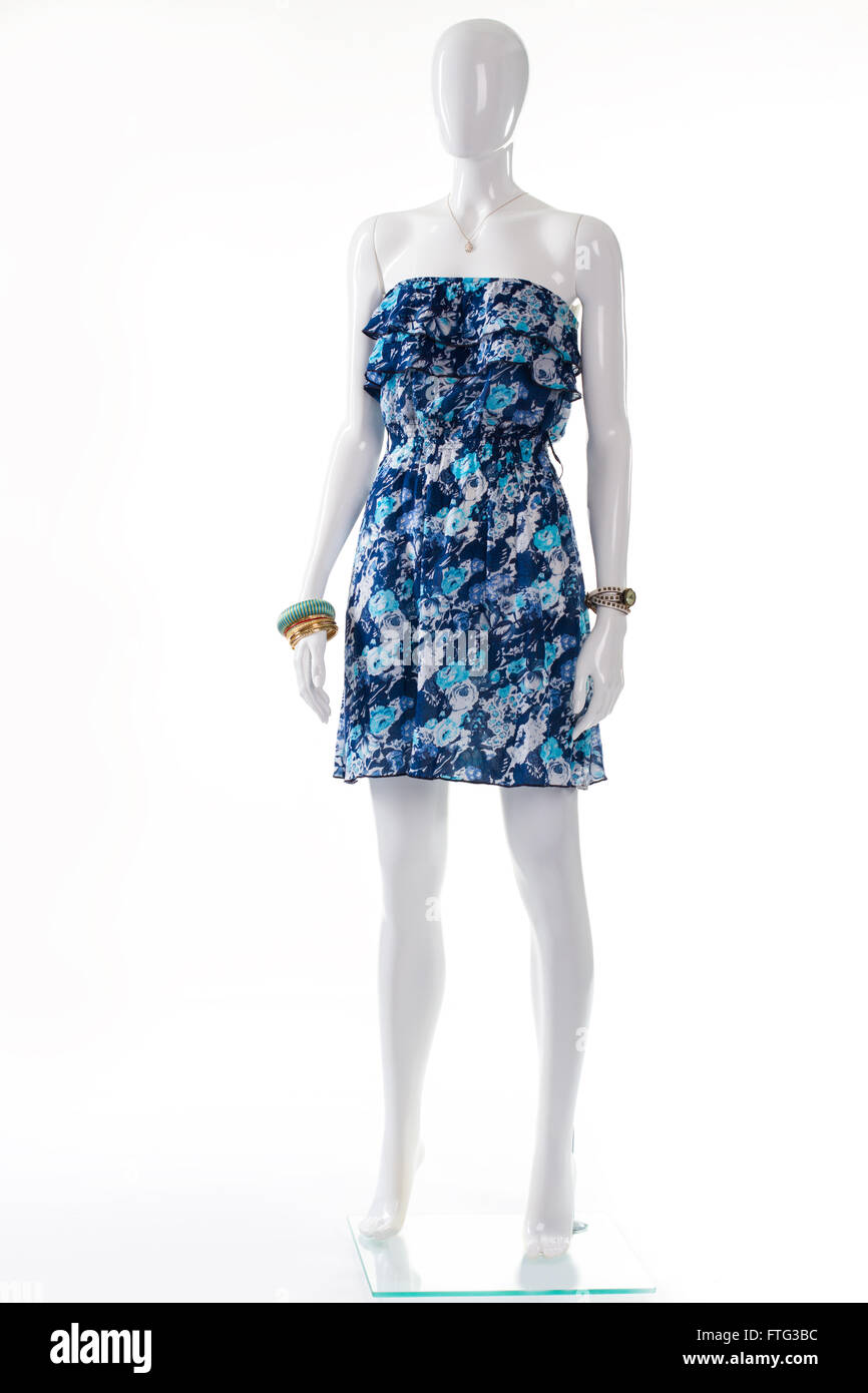 Blue dress on white mannequin. Female mannequin in vintage dress ...