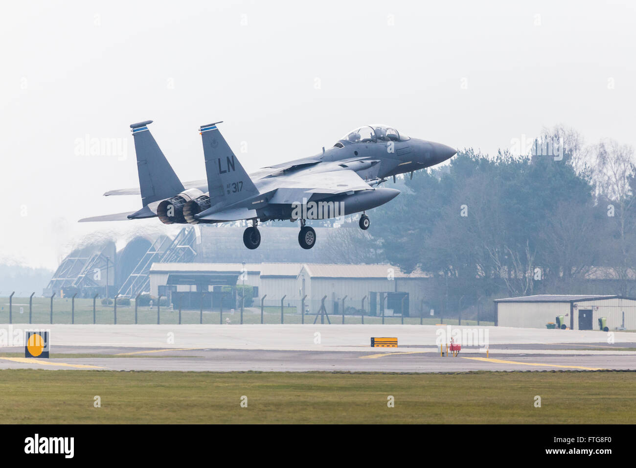 Air brake raised on an F-15E Eagle as it lands at RAF Lakenheath Stock ...