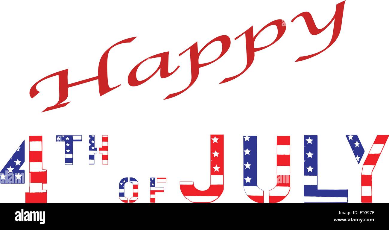 Happy 4th of July in red, white and blue flag motif lettering on white ...