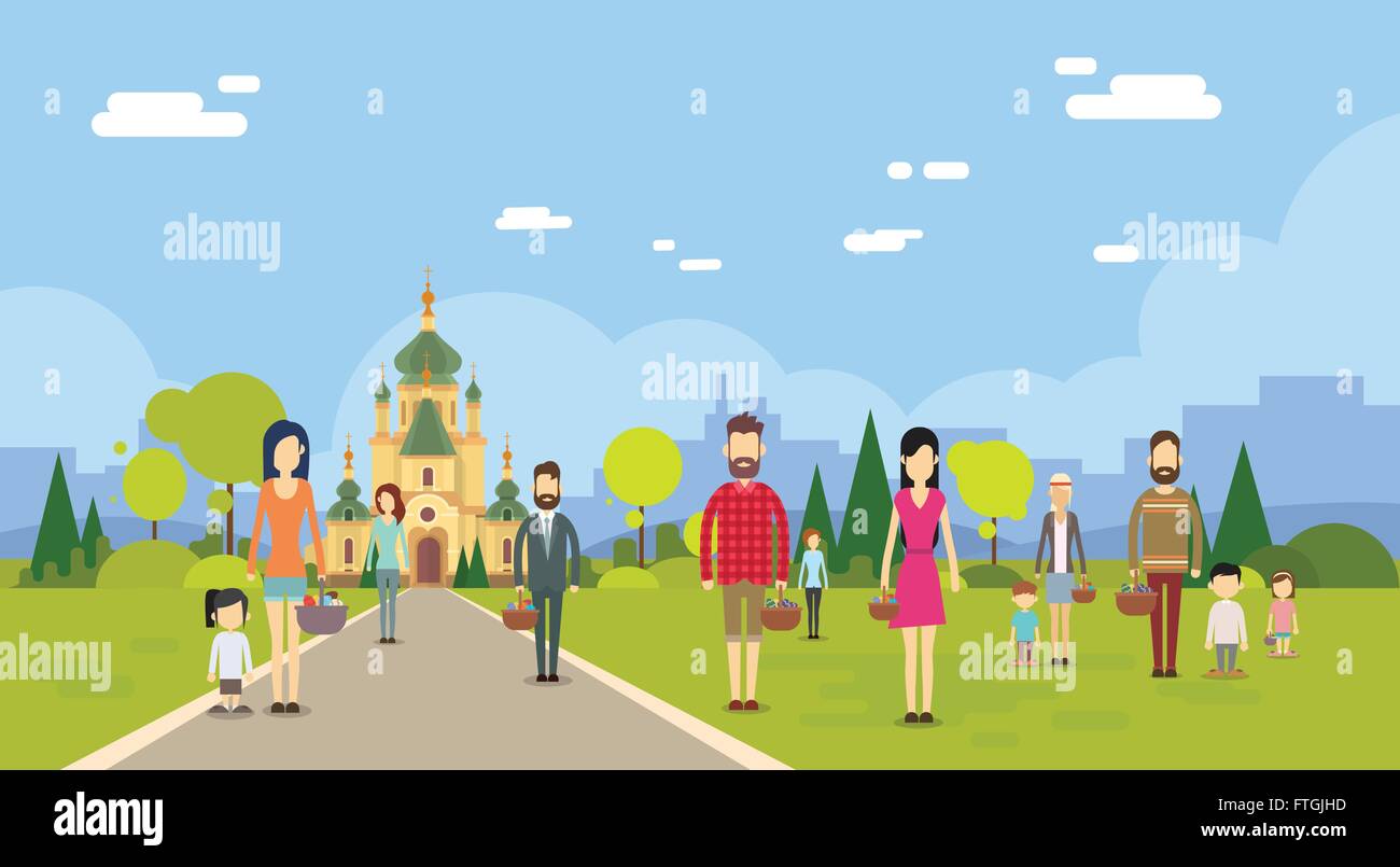 People Group Go To Church Chapel Building Copy Space Stock Vector Image ...
