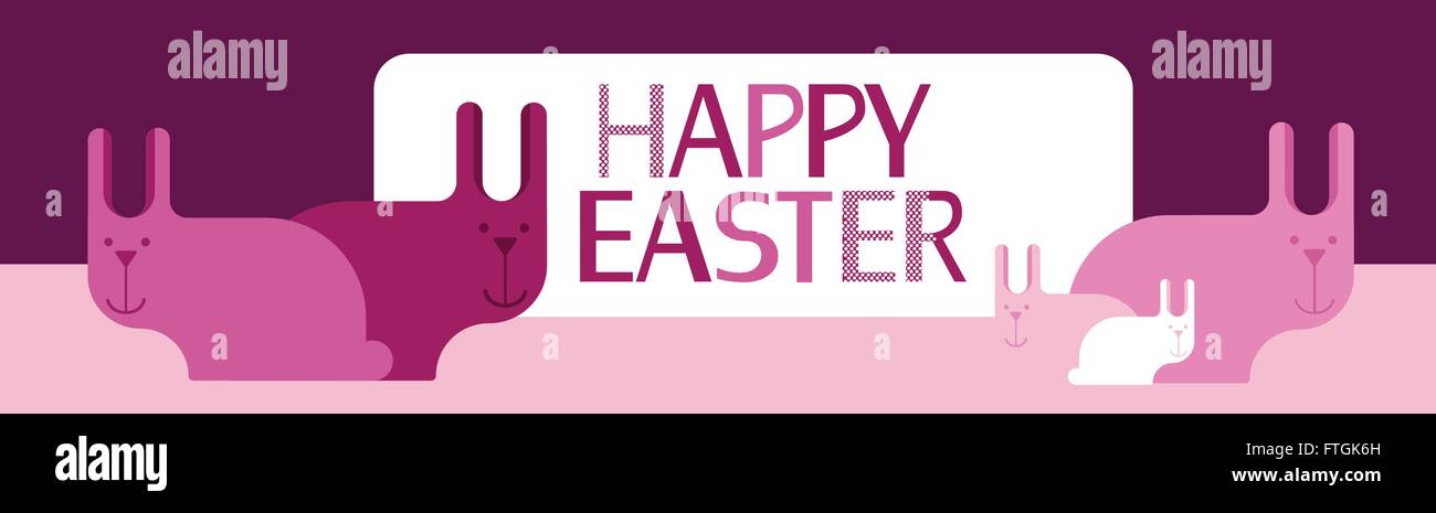Rabbit Group Bunny Happy Easter Holiday Banner Pink Greeting Card Flat ...