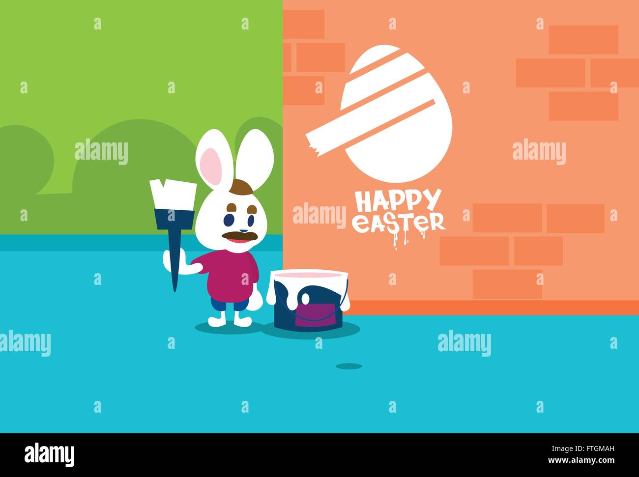 Rabbit Group Standing On Step Ladder Hold Brush Paint Happy Easter Wall ...