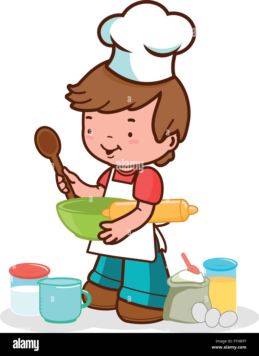 Little child chef with kitchen utensils. Child cook baking at home ...