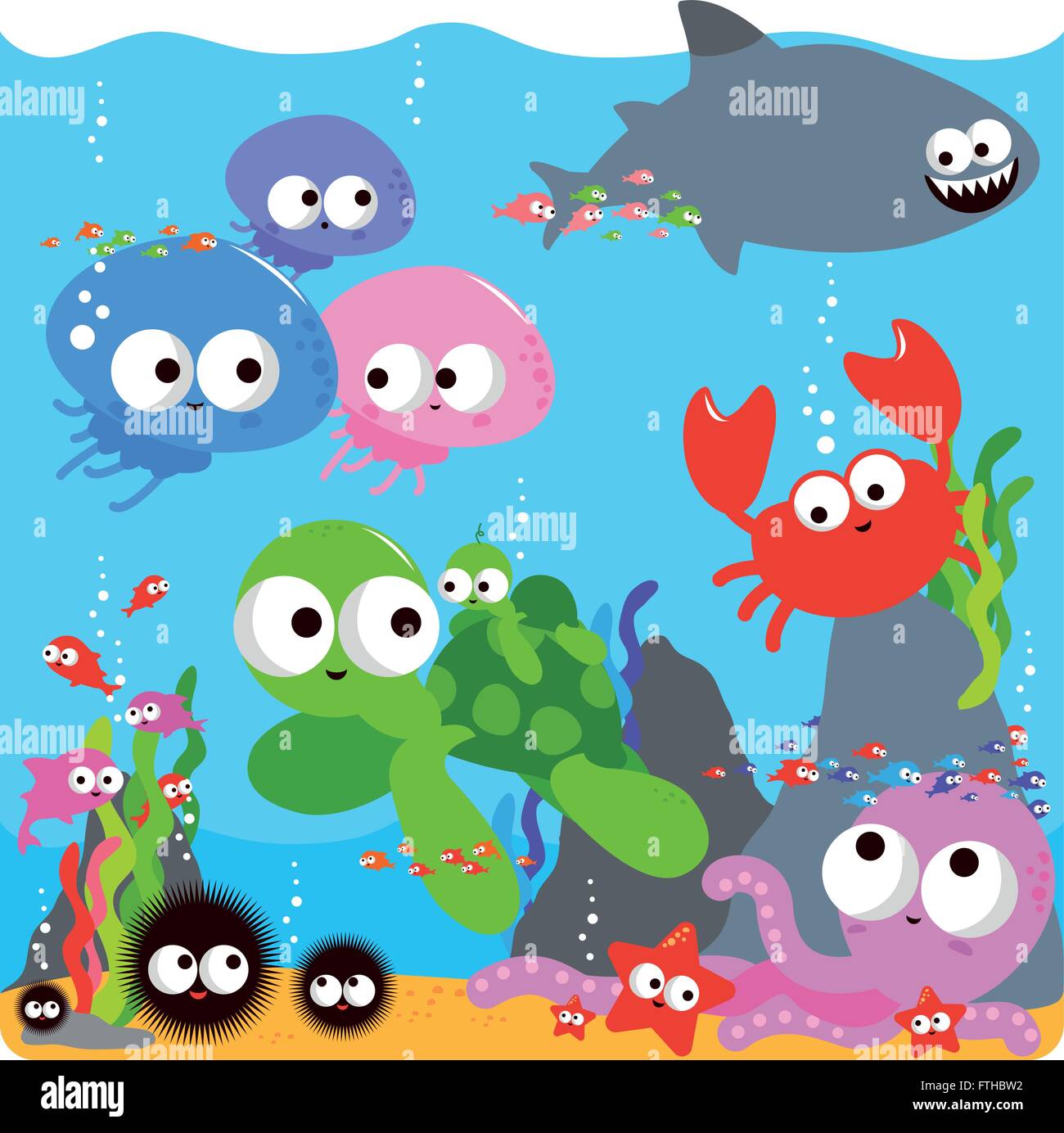 Cartoon sea animals under the sea. Fish, octopus, jellyfish, sea ...