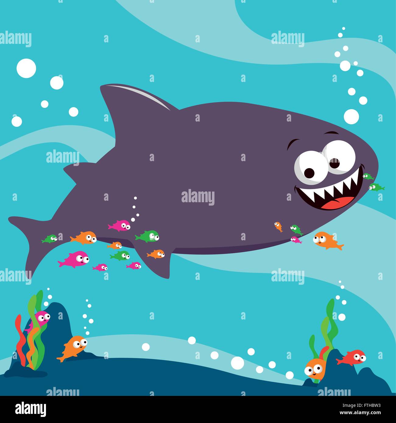 Shark and fish swimming underwater. Cute cartoon sea animals under sea ...