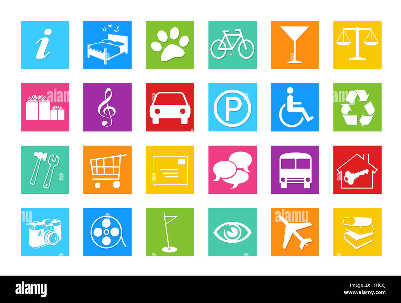 Set of icons for the Web in blue, green, yellow, orange, red and pink ...