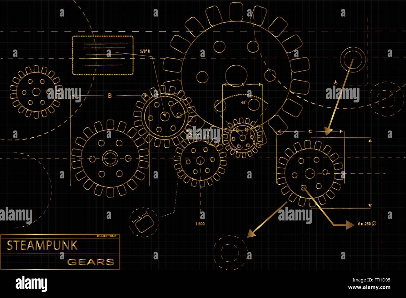 Gold and black steampunk gears blueprint vector illustration Stock ...