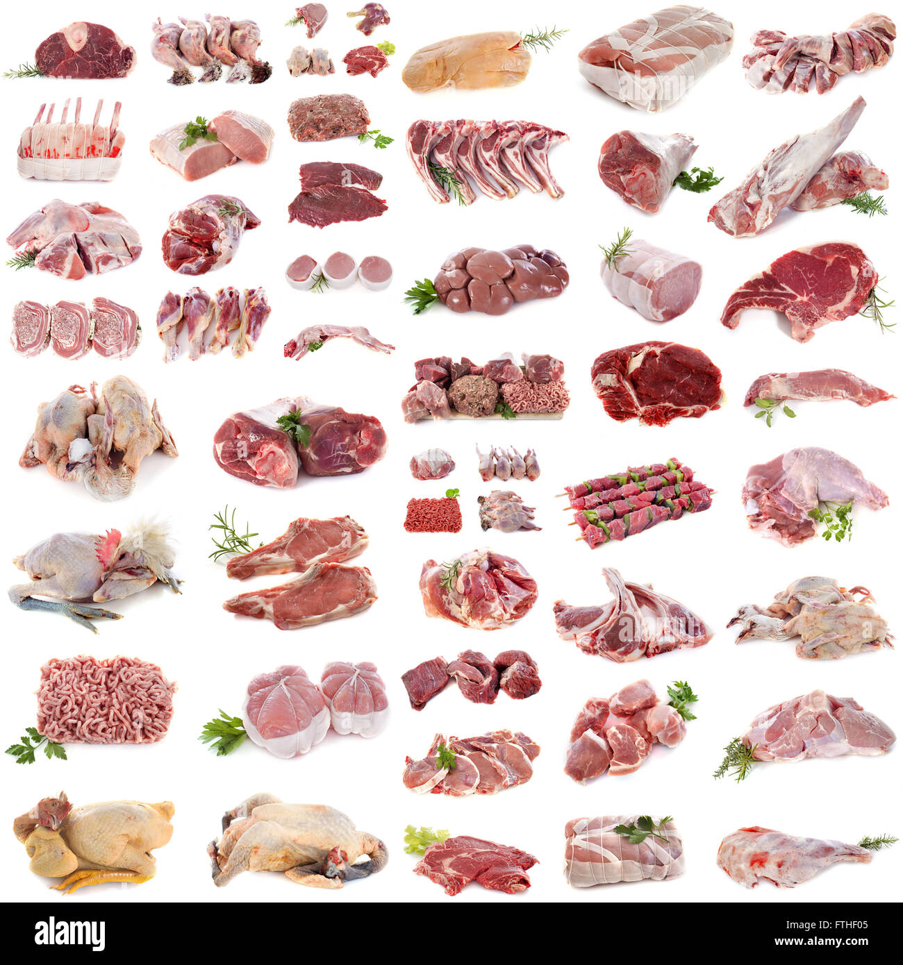 group of meat in front of white background Stock Photo - Alamy