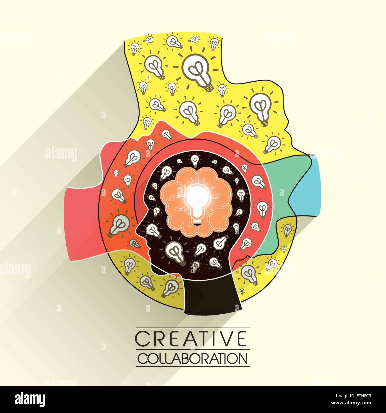 creative collaboration concept with head and bulb icons in flat design ...