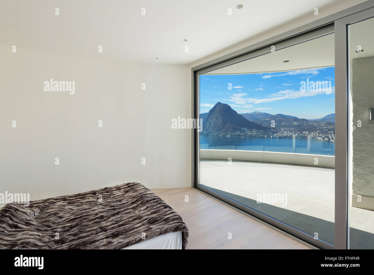 Interior of modern penthouse with wide terrace, empty room Stock Photo ...