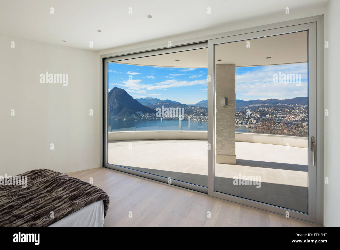 Interior of modern penthouse with wide terrace, empty room Stock Photo ...