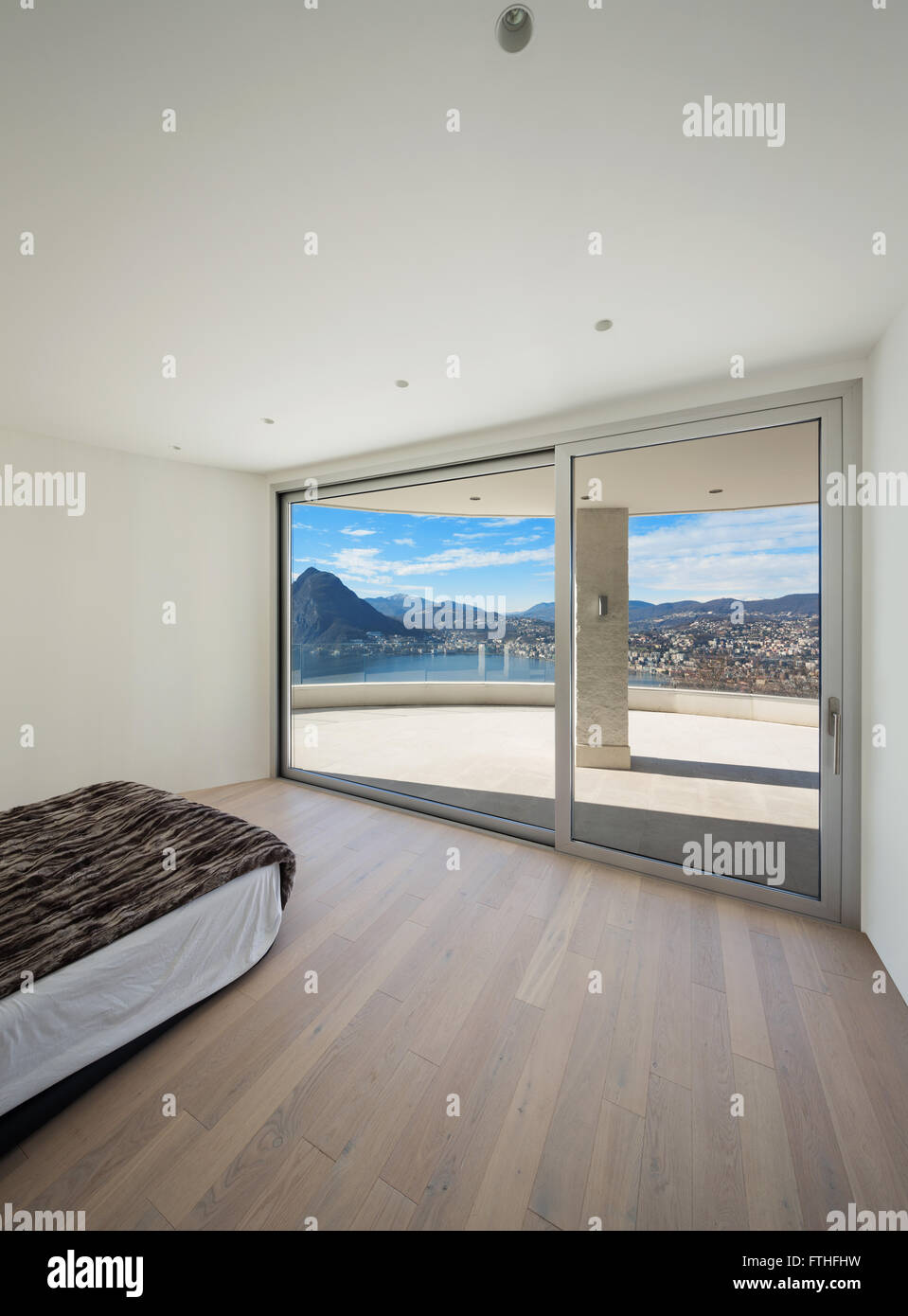 Interior of modern penthouse with wide terrace, empty room Stock Photo ...