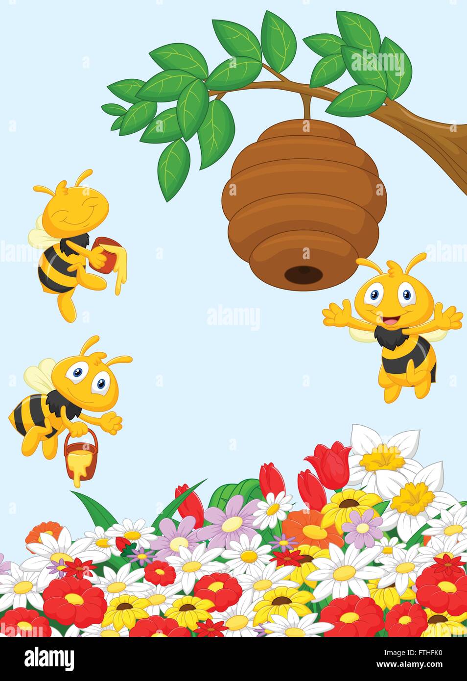 Illustration of a branch of a tree with a beehive and a bee Stock ...