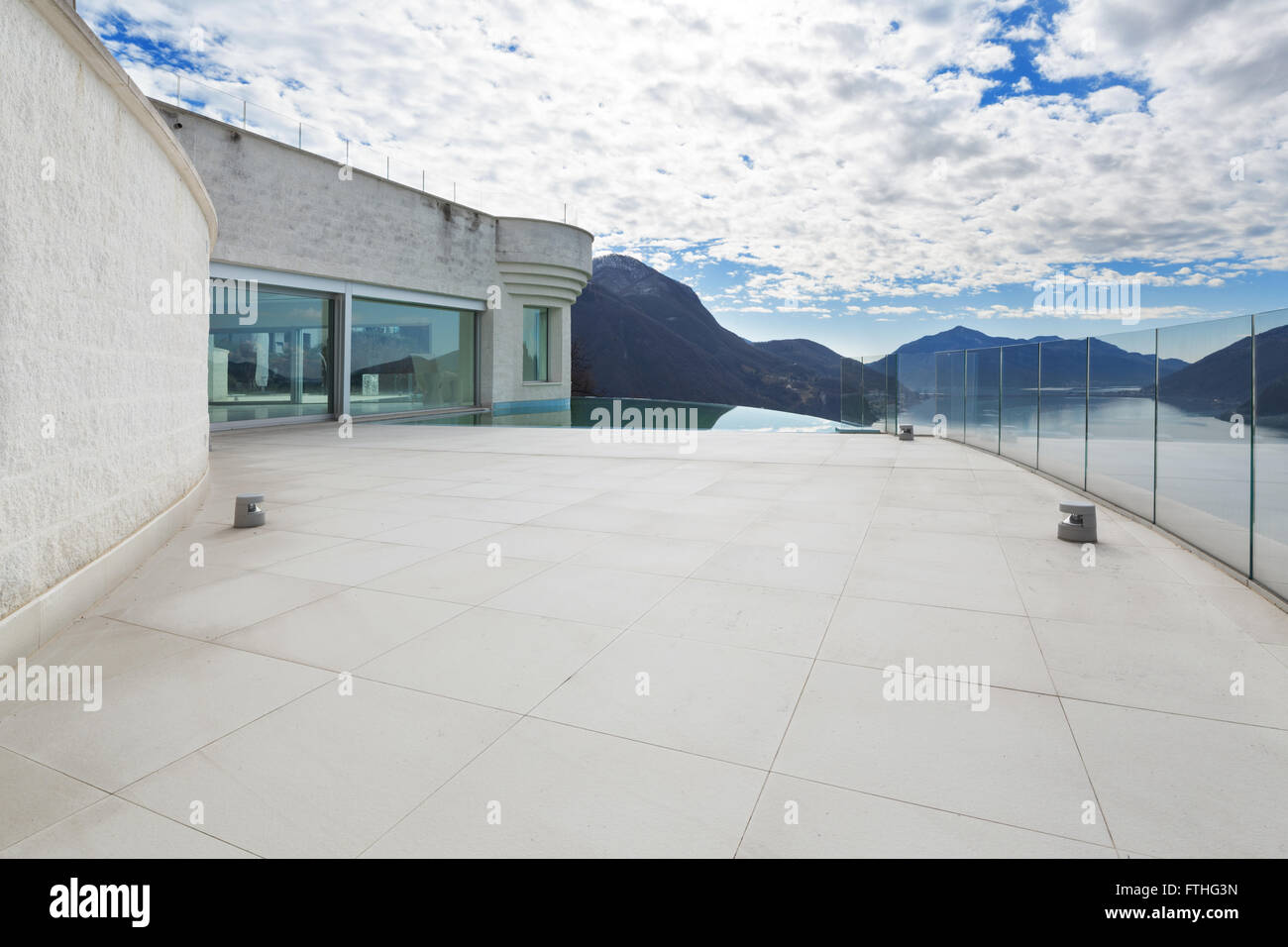 Architecture, grand terrace of modern building, exterior Stock Photo ...