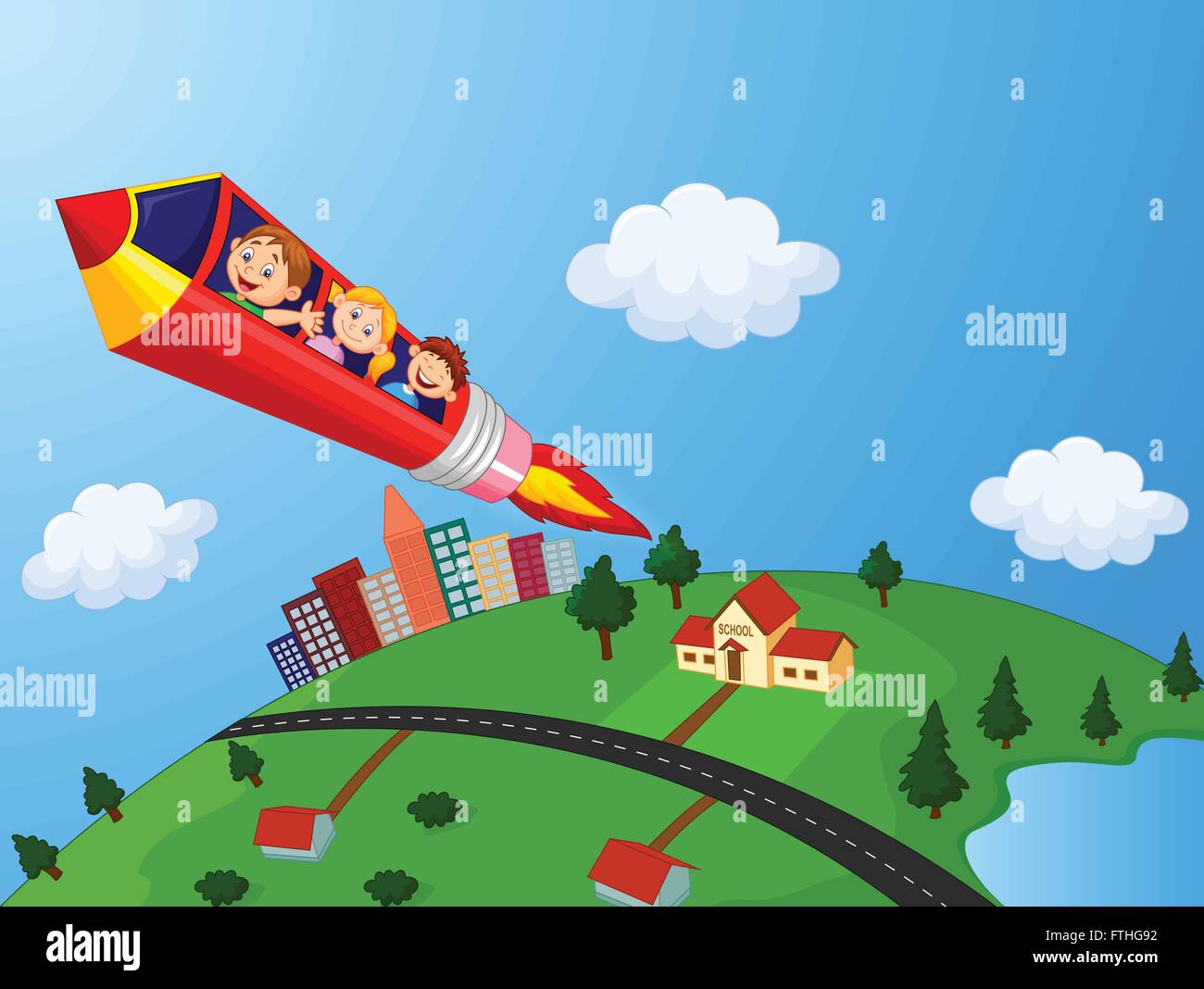 School Children Enjoying Pencil Rocket Ride Stock Vector Image & Art ...