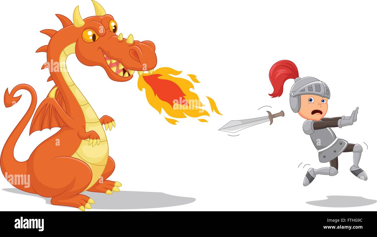Cartoon of a knight running from a fierce dragon Stock Vector Image ...