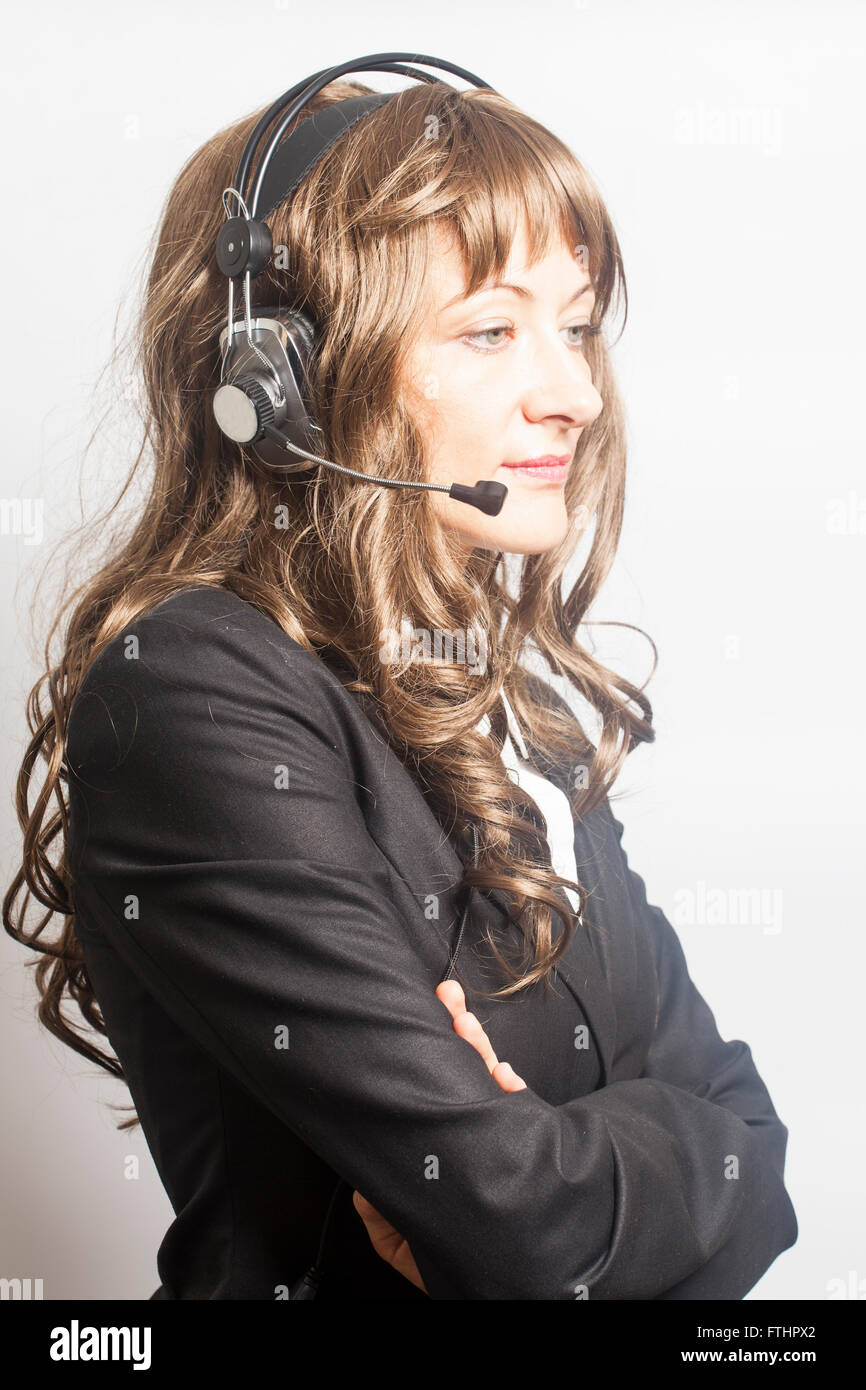 Support phone operator in headset on white background Stock Photo - Alamy