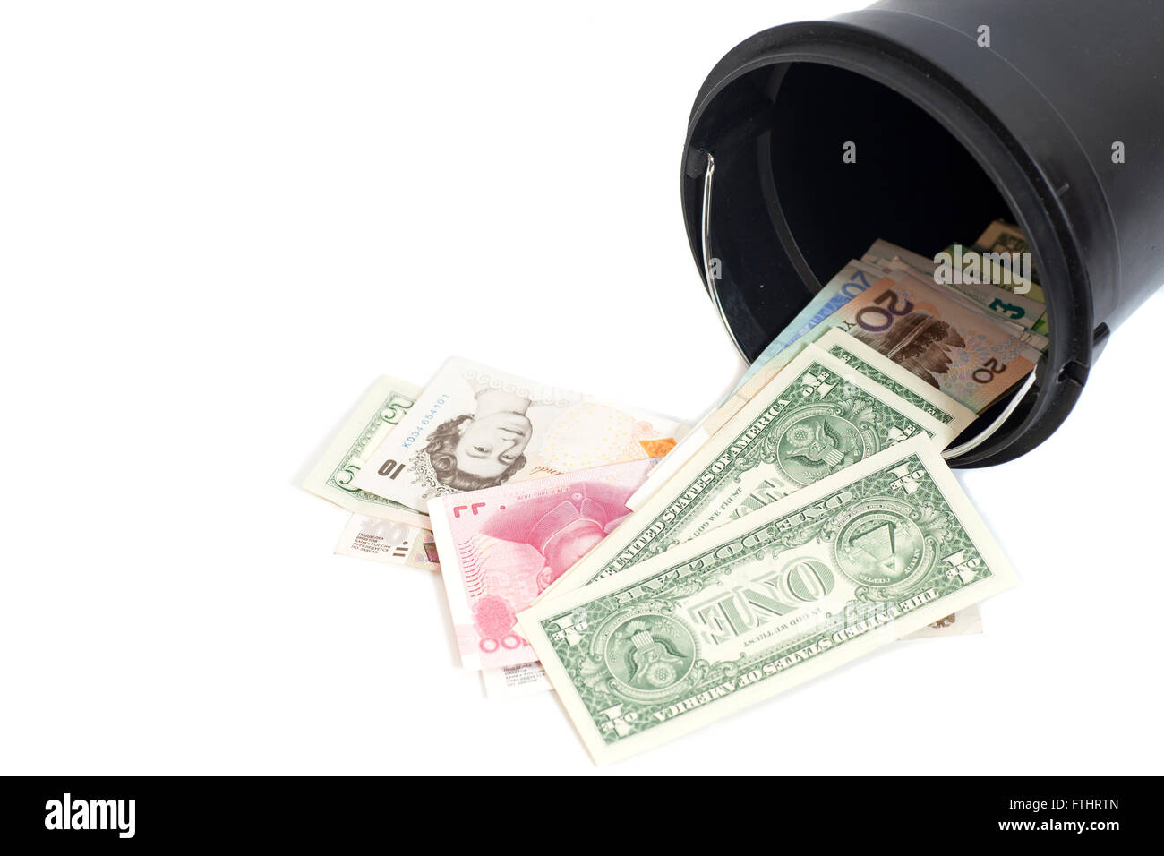black plastic bucket filled with money isolated on white Stock Photo ...