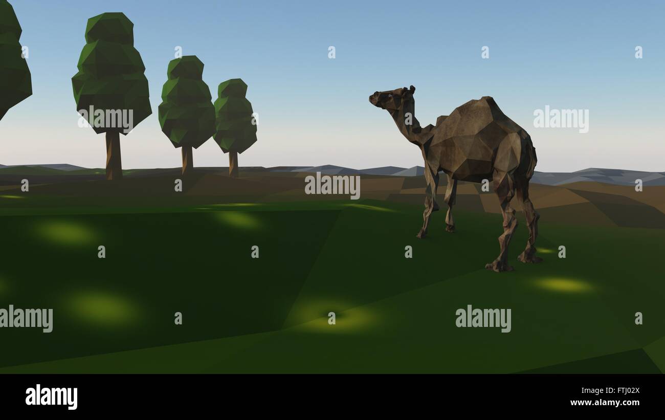 3d group of low poly stylized trees and a camel. with realistic shadows ...