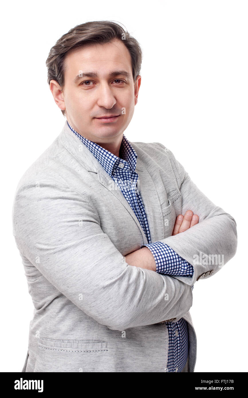 Portrait of smiling young business man in white coat Stock Photo - Alamy