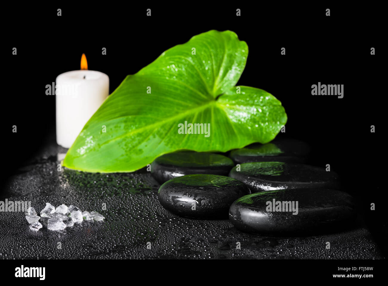 beautiful spa concept of Yin-Yang stone texture symbol, green leaf with ...