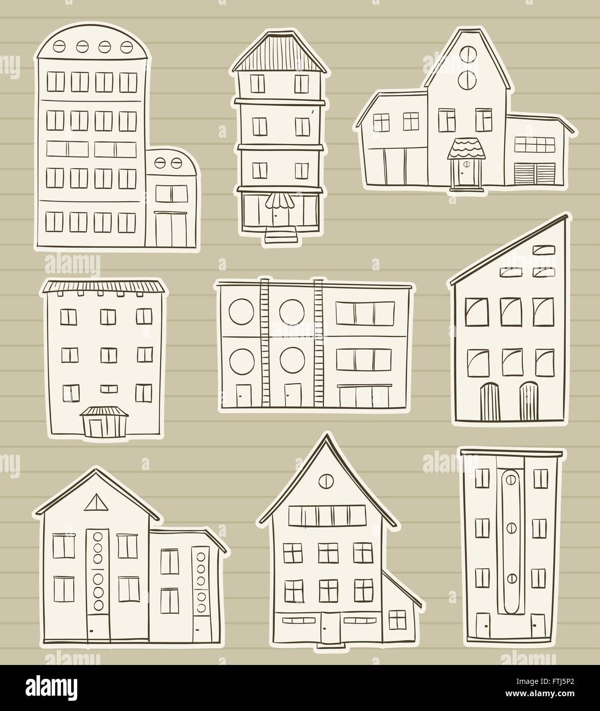 set of houses doodle sketches on paper background. home hand drawing ...