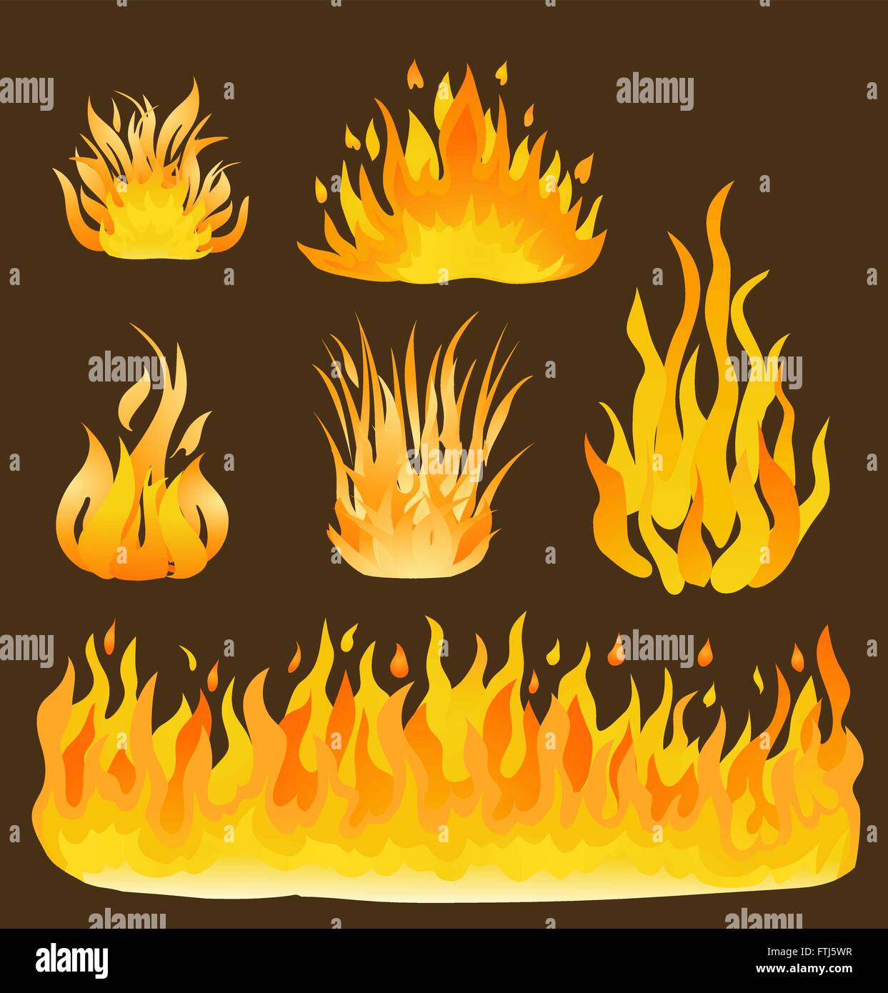 Fire and flames set illustration. Design elements of fire on brown ...