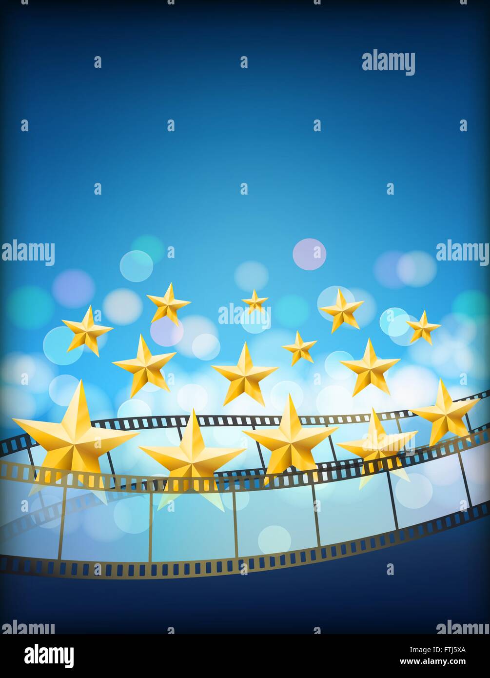 cinema blue background with filmstrips and golden flying stars ...