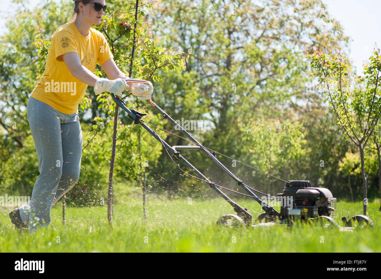 Woman pushing lawn mower hi-res stock photography and images - Alamy