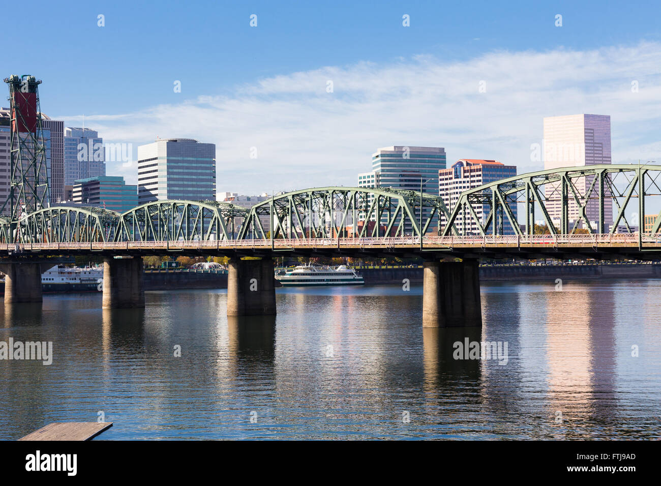 Skyline of downtown Portland Oregon with highrise buildings on the ...