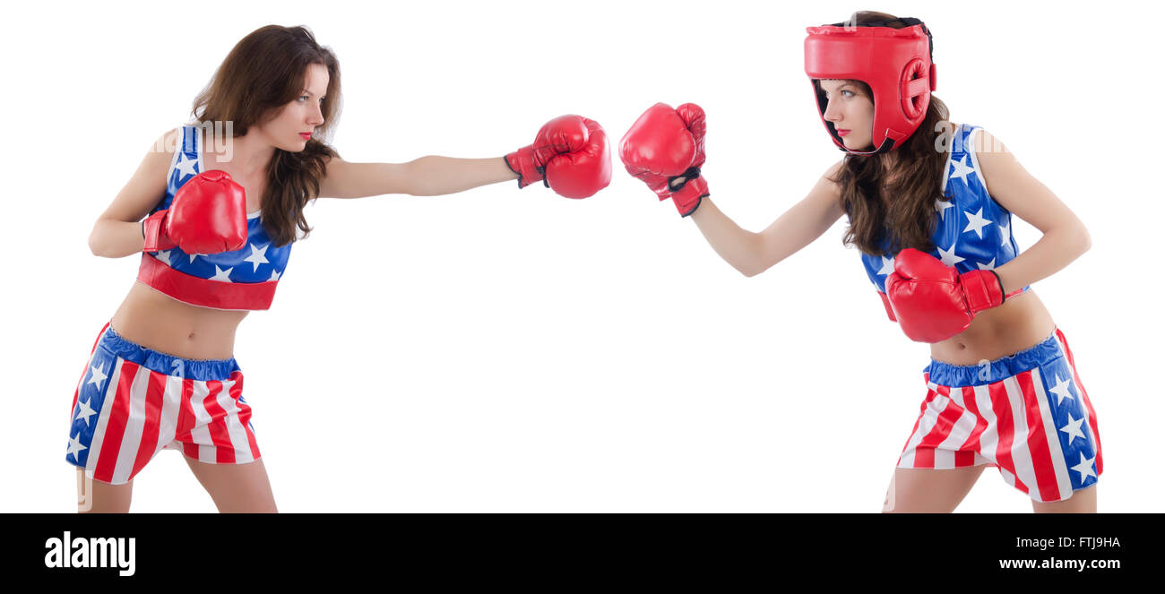 Two female boxers fighting isolated on white Stock Photo - Alamy