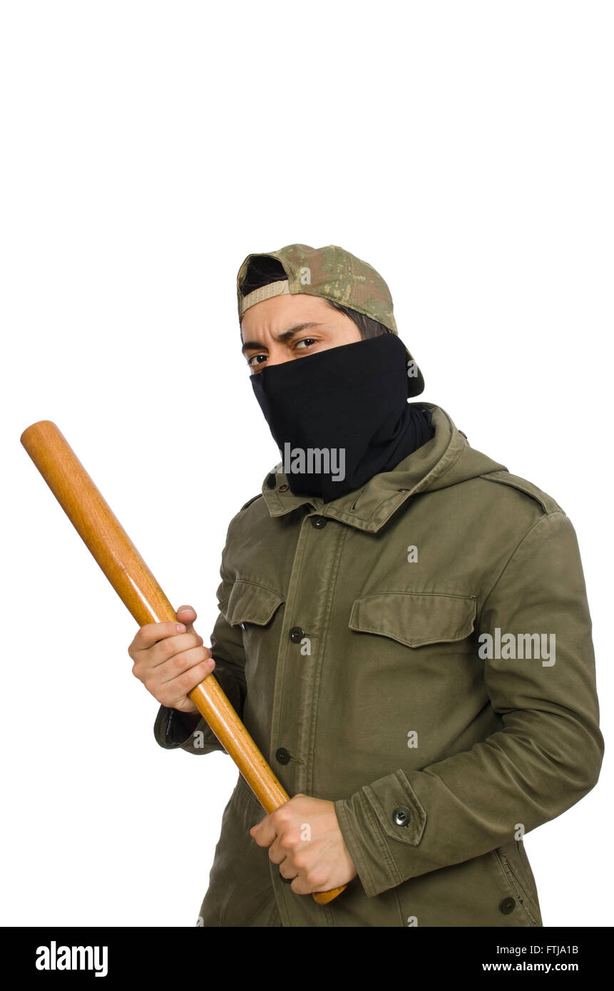 Funny man with baseball bat isolated on white Stock Photo - Alamy