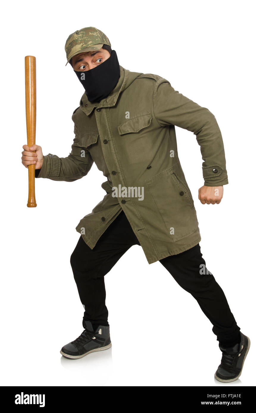 Funny man with baseball bat isolated on white Stock Photo - Alamy