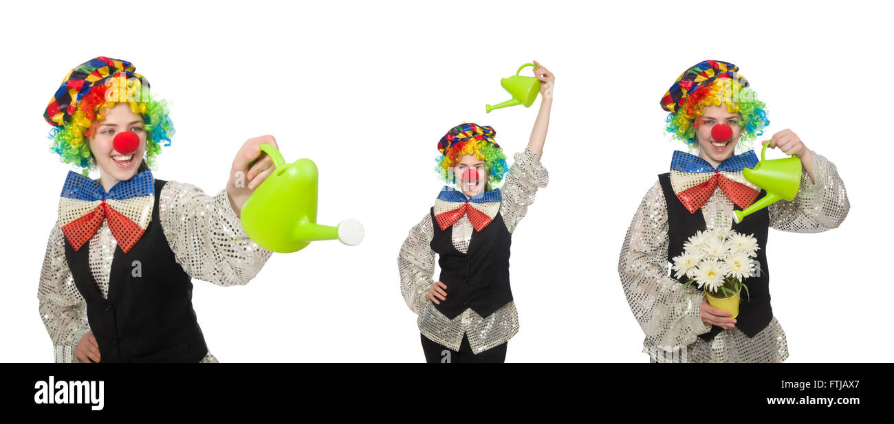 Female clown with watering can isolated on white Stock Photo - Alamy