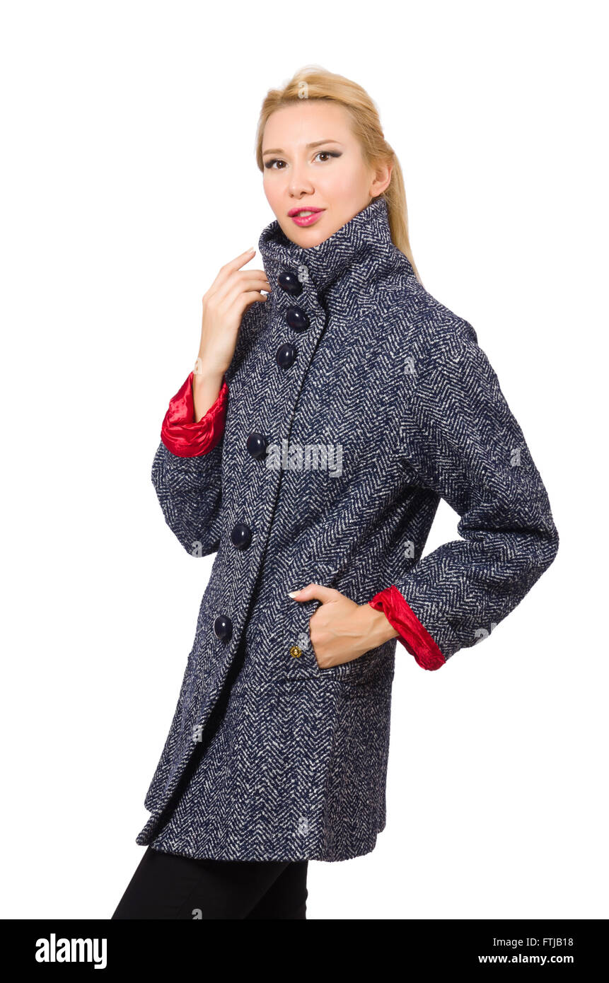 Pretty model in gray coat isolated on white Stock Photo - Alamy