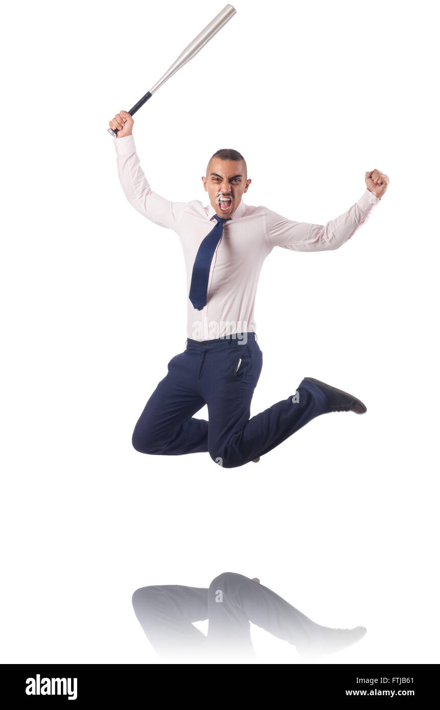 Businessman jumping with baseball bat Stock Photo - Alamy