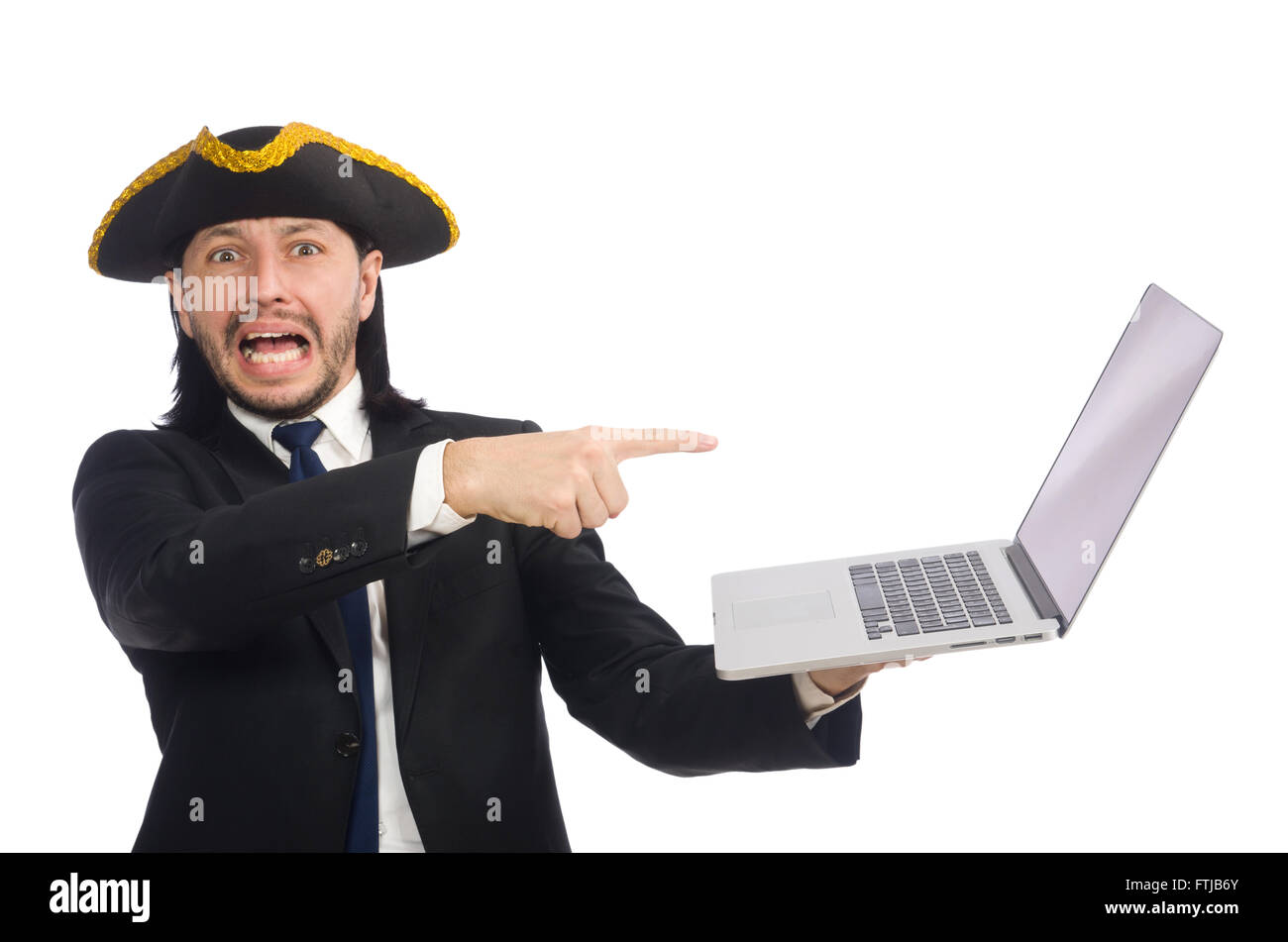 Pirate businessman holding laptop isolated on white Stock Photo - Alamy