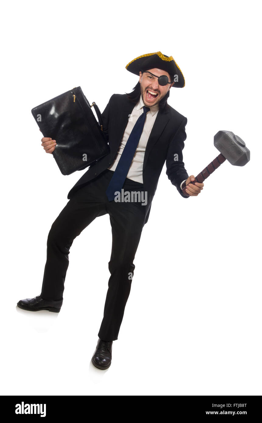 Pirate businessman with hammer and briefcase isolated on white Stock ...