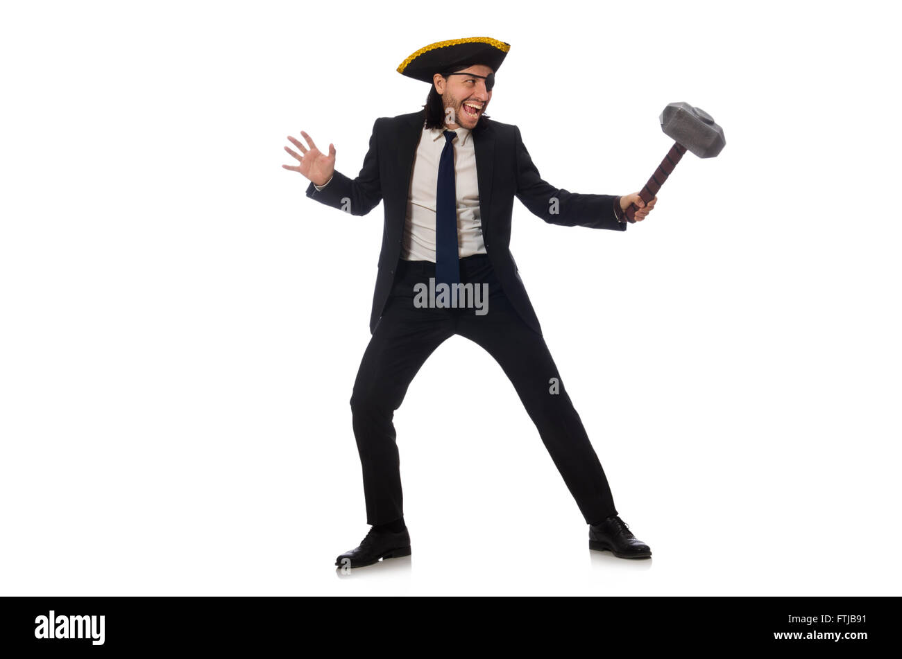Pirate businessman holding hammer isolated on white Stock Photo - Alamy