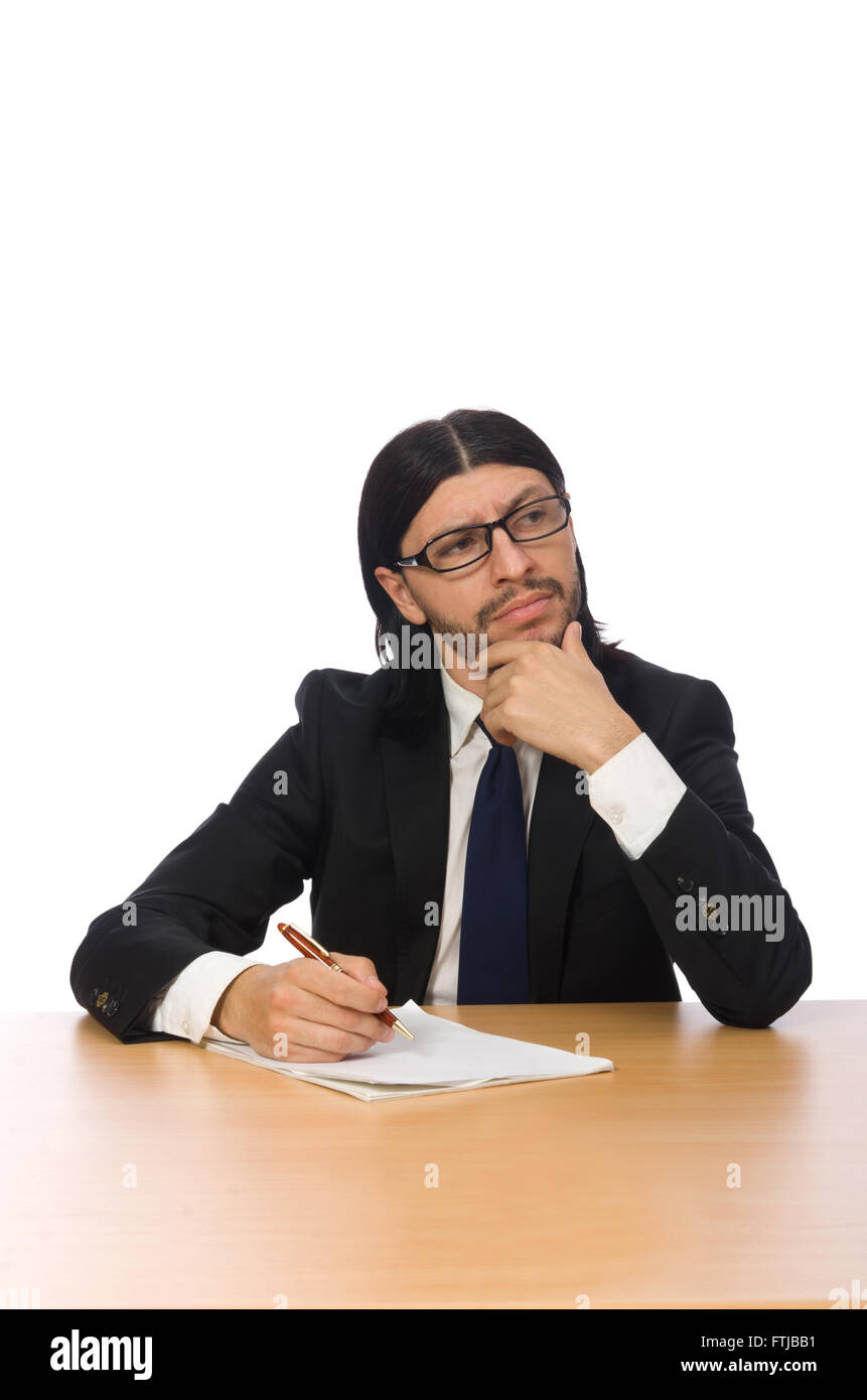 Businessman writing at workplace isolated on white Stock Photo - Alamy