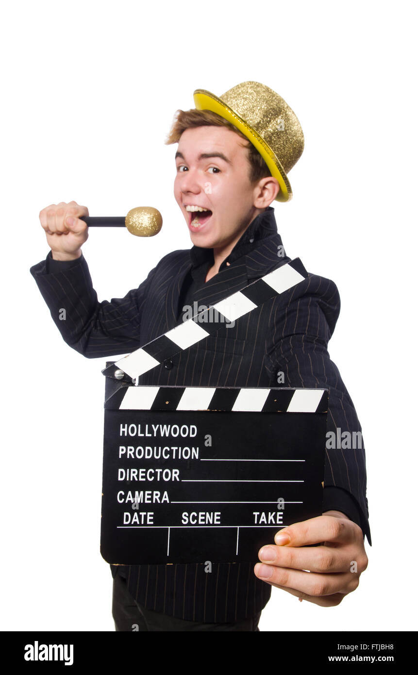 Funny man with movie clapboard Stock Photo - Alamy