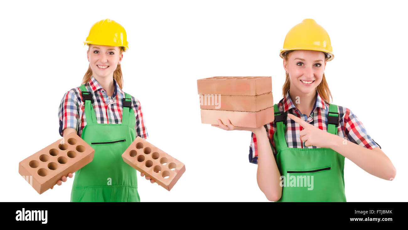 Woman with bricks isolated on white Stock Photo - Alamy