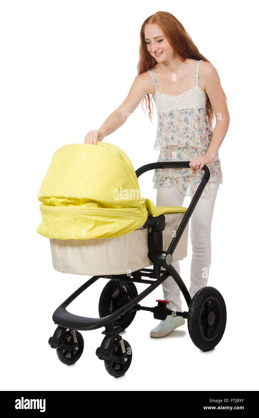 Woman with baby and pram isolated on white Stock Photo - Alamy