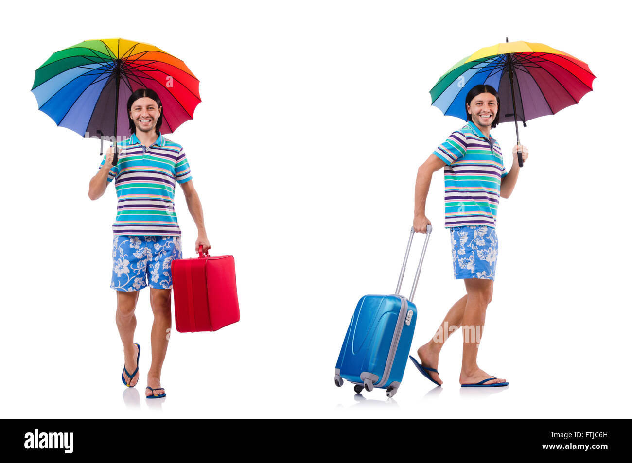 Traveler with red case and umbrella isolated on white Stock Photo - Alamy