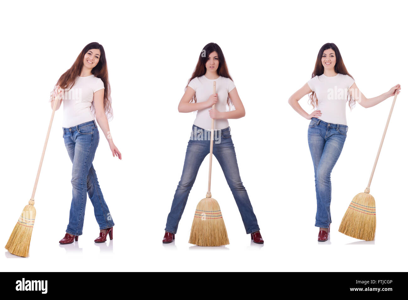 Woman with broom isolated on white Stock Photo - Alamy