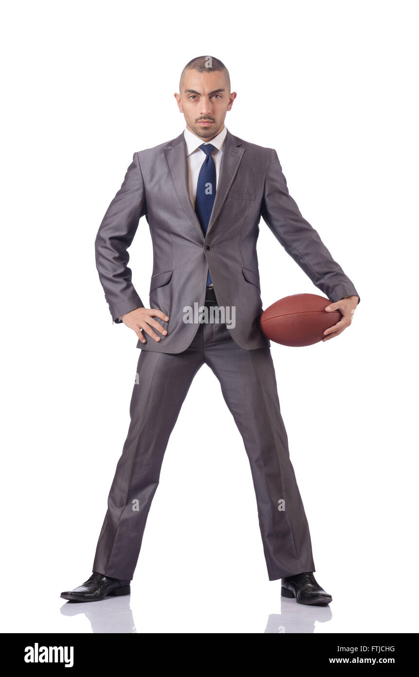 Man with american football ball isolated on white Stock Photo - Alamy