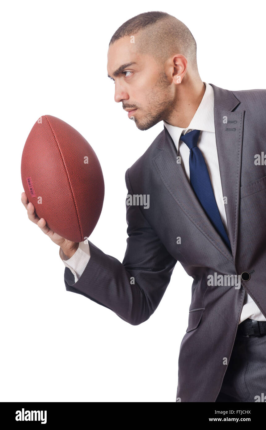 Man with american football ball isolated on white Stock Photo - Alamy